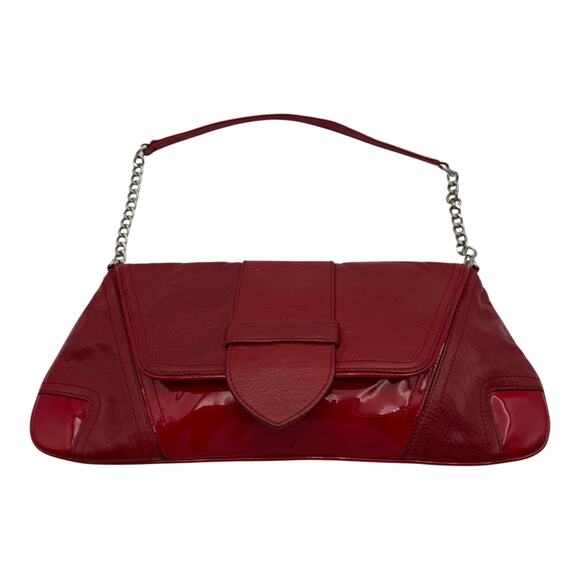 bebe | Bags | Bebe Red Leather And Patent Leather Clutch With Silver ...